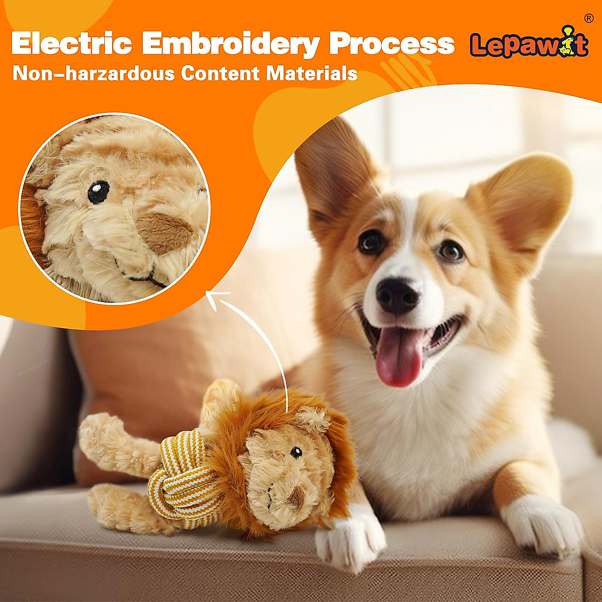 Lepawit Squeaky Dog Toys, Cute Lionet with Rope for Teething, Durable Dog Chew Toys for Small and Medium Dogs