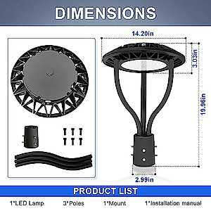 LED Post Top Light with Dusk to Dawn Photocell,80W/100W/120W/150W Power Tunable,3CCT 3000K-4000K-5000K,Outdoor Post Light LED Circular Pole Light,for Parking Lot Garden Lighting,IP65 DLC&ETL Listed
