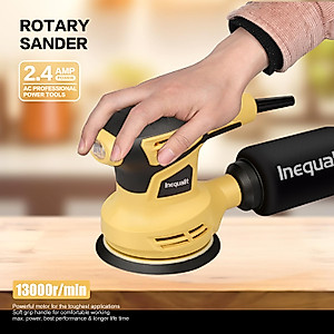 Inequalit 2.4Amp 5 Inch Orbital Sander, 6000-13000OPM Electric Orbital Sander with 6 Variable Speed, 15Pcs Sandpapers and Dust Collector Included, Fit for Sanding and Polishing