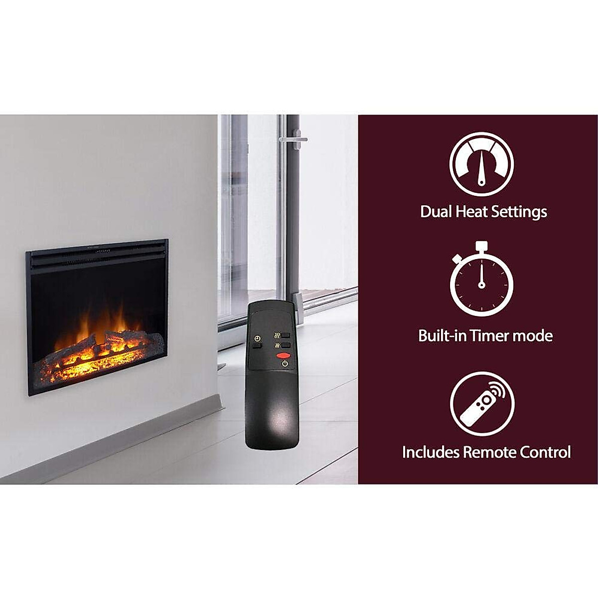Cambridge 23 Inch 5118 BTU Freestanding Electric Fireplace Heater Insert for Vacant Chimney Fireplaces with Realistic Flames, 7.5-Hour Timer, Remote Control, Charred Logs and Grate, Black