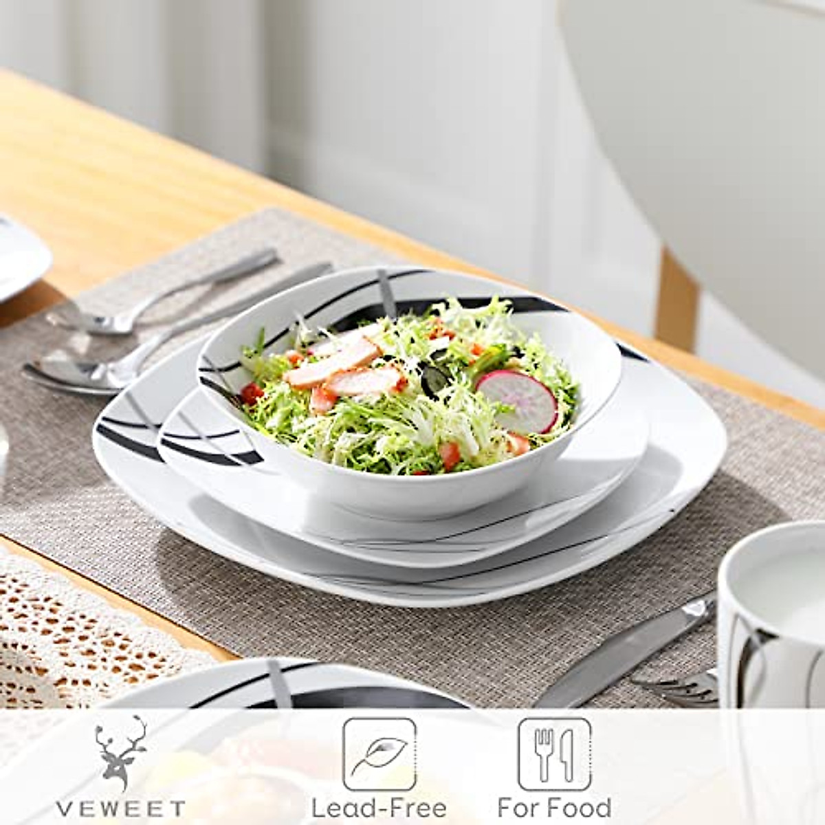 VEWEET, Series Fiona, Dinnerware Sets for 6, 50-Piece Porcelain Dish Set, Including Dinner Plates and Bowls, Mugs, Egg Cups, Cup and Saucer Set, Milk Jug Sugar Pot, Microwave Dishwasher Safe