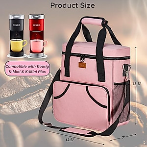 IAVEYG Coffee Maker Travel Bag Compatible with Keurig K-Mini or K-Mini Plus,Single Serve Coffee Brewer Portable Storage Bag with Multiple Pockets for K-Cup Pods,Storage Bag With Shoulder Strap (Pink)