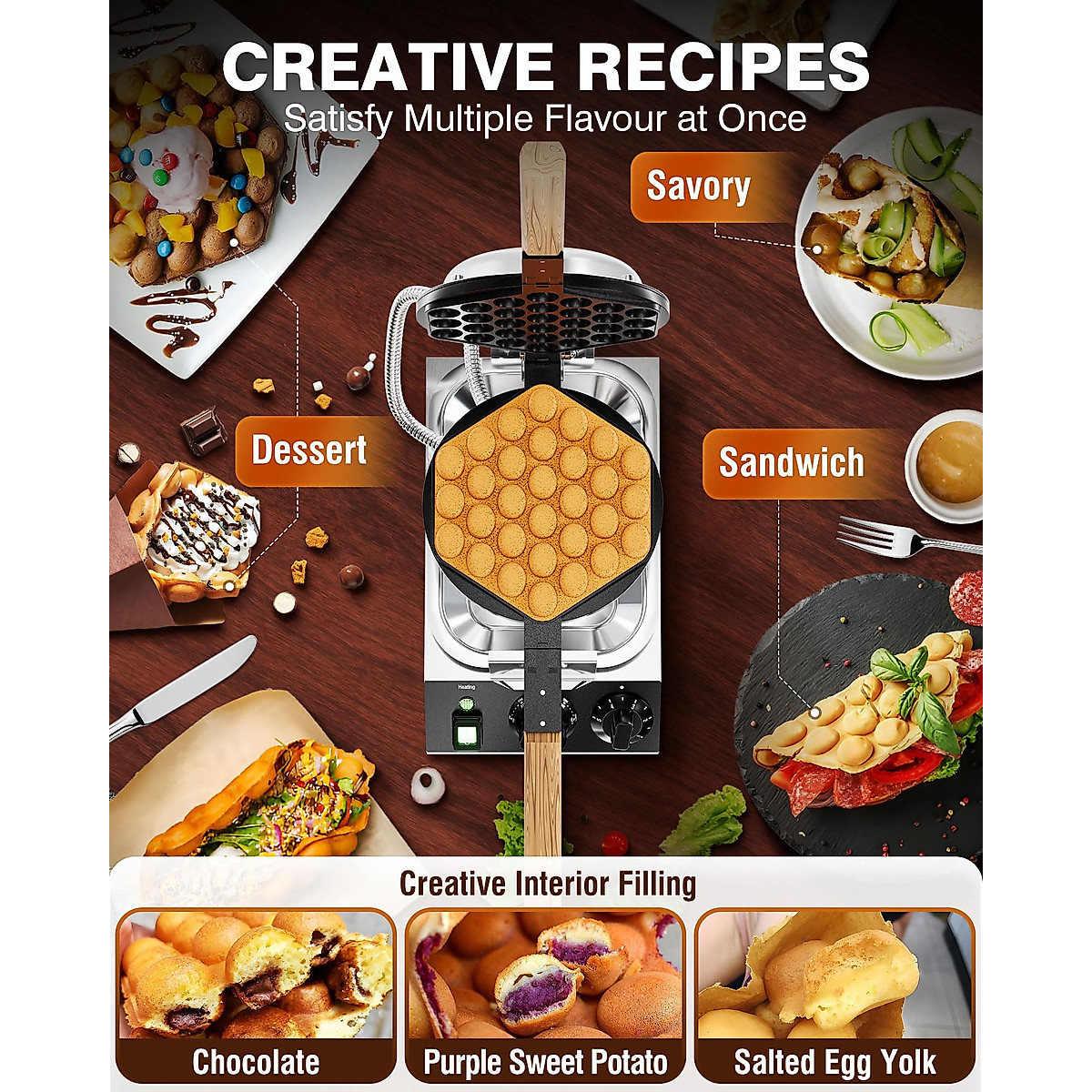 PYY Bubble Waffle Maker - Commercial Egg Puff Waffle Iron Machine, 1500W 122-482℉ Electric Stainless Steel Hong Kong, 30 Egg Cones | 180° Rotating| Black Non-stick Coating | Crumb Tray | Wooden Handle