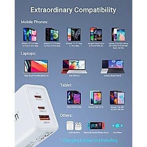 GMM Dual USB C Charger, 65W 3 Ports GaN Fast Charger Block, Compact Foldable Wall Charger for MacBook Pro/Air, iPhone 15 14, Apple Watch, iPad Pro, Galaxy S23, Pixel etc