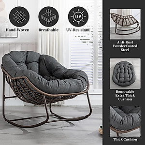QQU Patio Rocking Chairs Indoor & Outdoor, Wicker Rocker Chairs with Padded Cushion, All-Weather Rattan Chair with Steel Frame, Modern Lounge Egg Chair, Front Porch, Backyard,Grey