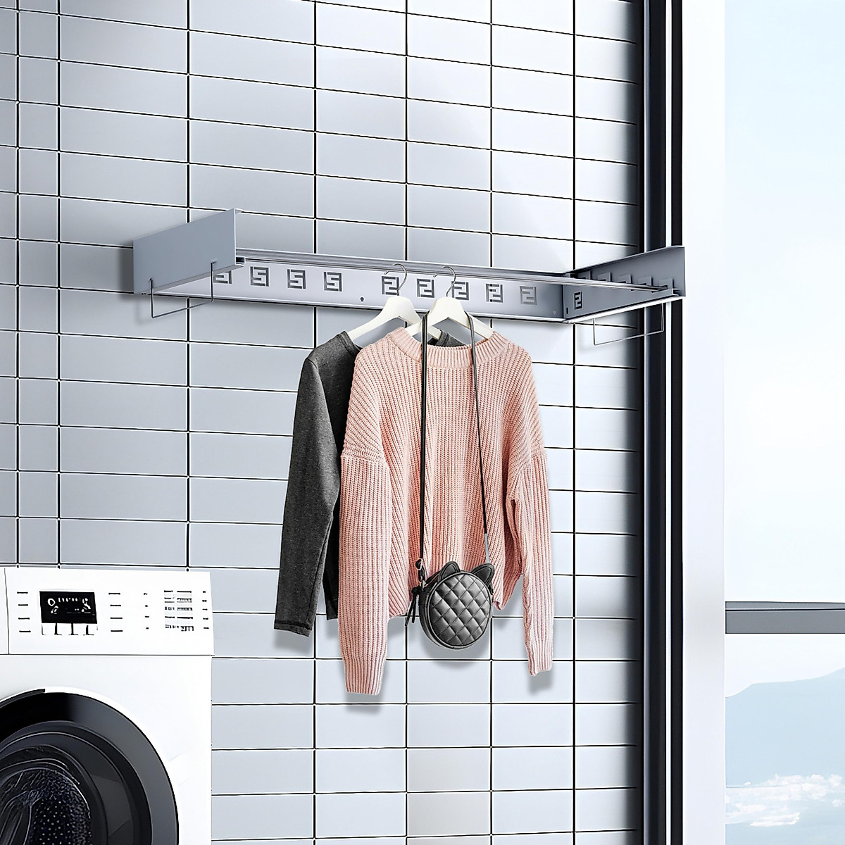 GOOUQA Clothes Drying Rack Collapsible Wall Mounted, 31.5" Wide Space Saving Retractable Drying Rack Laundry Clothing with Wall Template, 13.2 Linear Ft, 60 lb Capacity, White