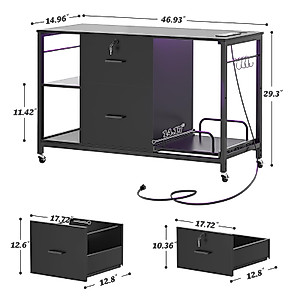 Hyomdeck 47" Lateral File Cabinet with Power Outlet and LED Light, Filing Cabinet with Printer Stand fits Legal/Letter Size, 2 Drawer File Cabinets for Home Office with Lock,Black