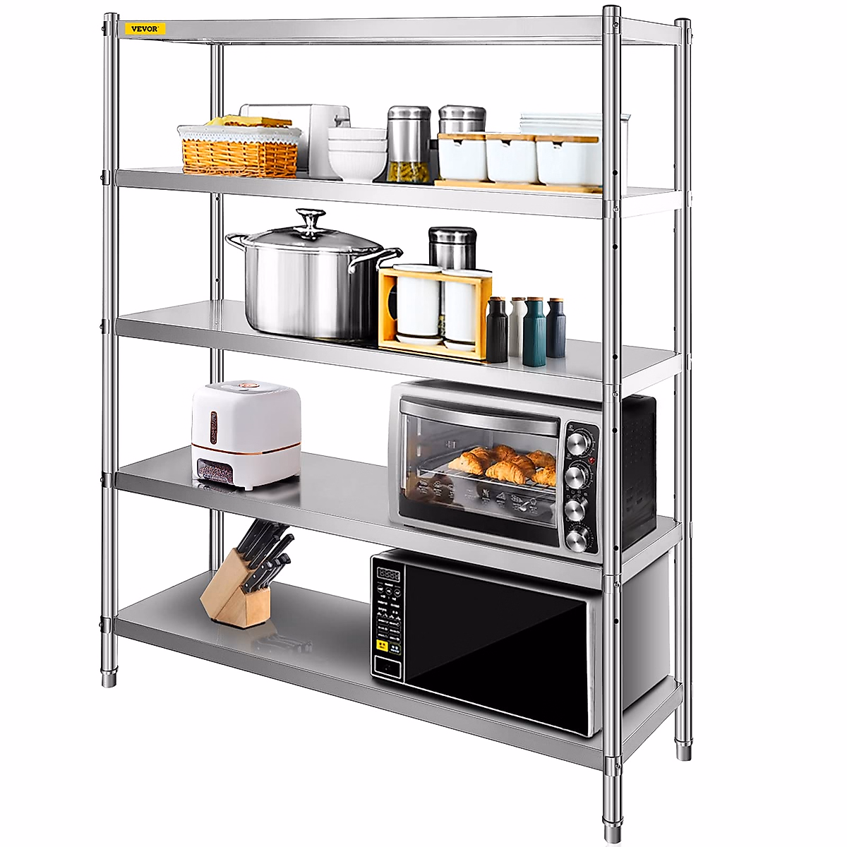 VBENLEM Stainless Steel Shelving 60x18.5 Inch 5 Tier Adjustable Shelf Storage Unit Stainless Steel Heavy Duty Shelving for Kitchen Commercial Office Garage Storage 330lb Per Shelf