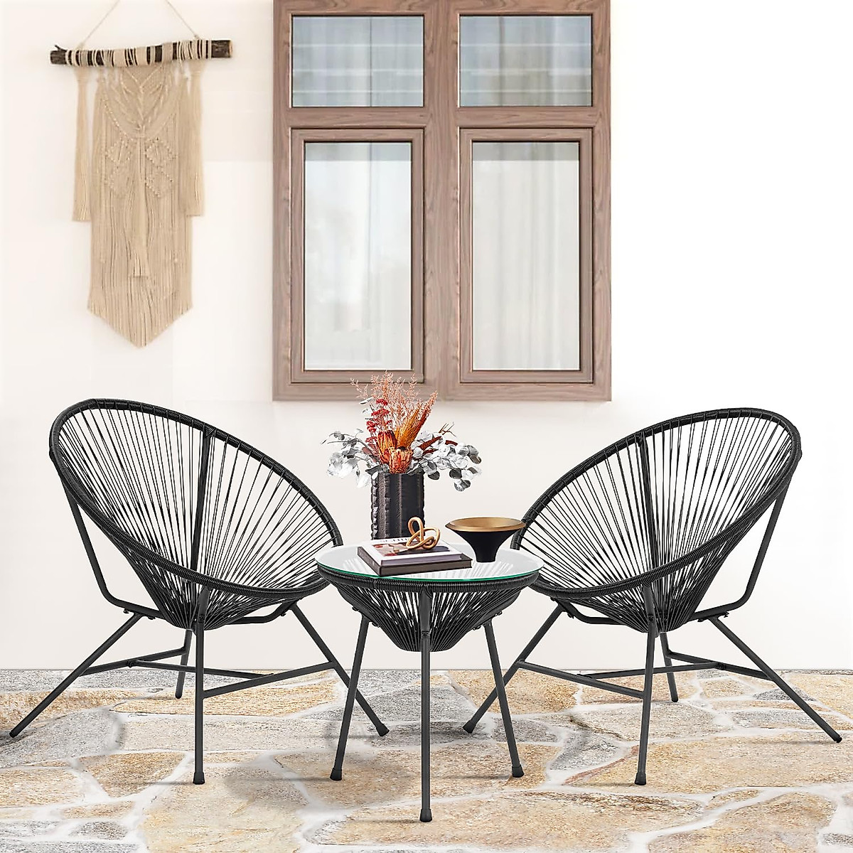 Acapulco Patio Bistro Set 3-Piece Outdoor Furniture Set All-Weather Woven Rope Patio Conversation Set with Glass Top Table and 2 Chairs (Black)