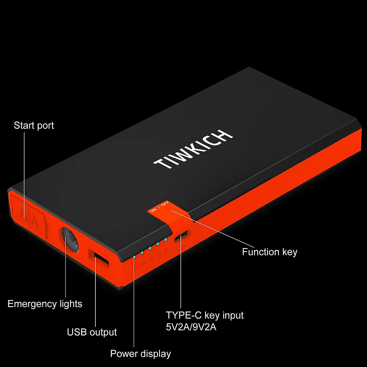 TIWKICH A13 Car Jump Starter 1000A (Up to 5.0L Gas and 2.0L Diesel Engines),12V Lithium Auto Portable Battery Charger jumpstart Booster Pack with LED Light and Tpy-c