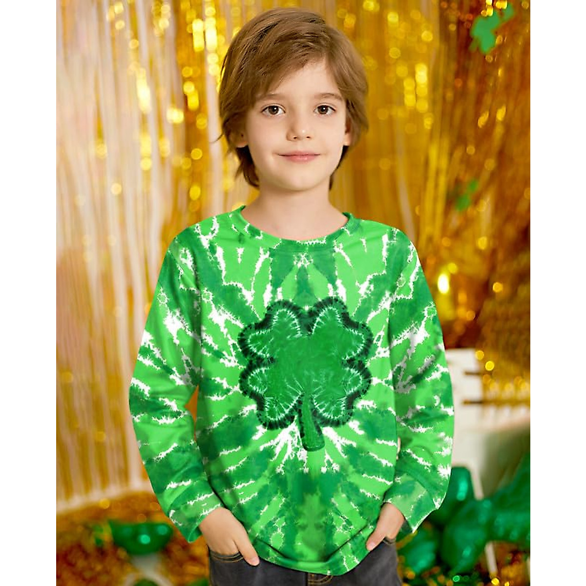 IIMMER Little Boys Girls Fahion St Patty Day Tie Dye Irish Shamrock Long Sleeve Shirt 7-8 Years