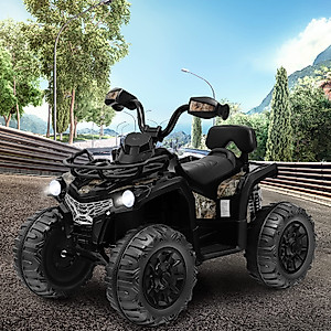 Costzon Kids ATV, 12V Battery Powered Electric Vehicle w/Music, Headlights, MP3, Spring Suspension, High & Low Speed, Treaded Tires, Storage Basket, Ride on 4 Wheeler Quad for 3-8 Years Old (Black)