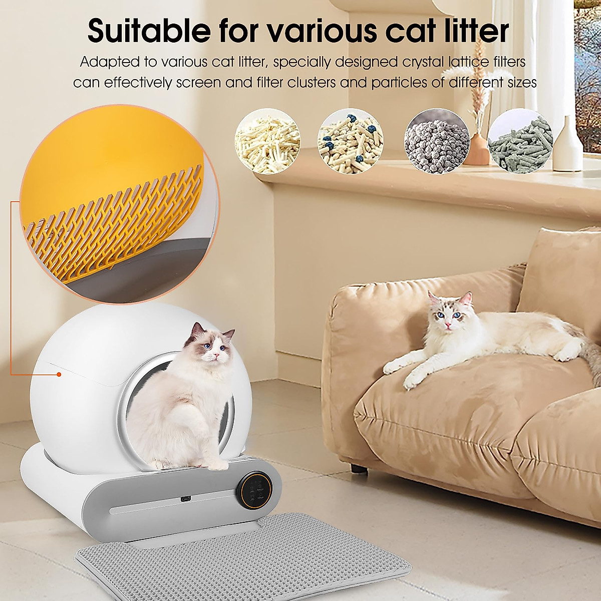 Self-Cleaning Cat Litter Box, Large Automatic Litter Box with App Control & Smart Health Monitor, Integrated Safety Protection & Odor Eliminator, Smart Cat Litter Box for Multi Cats