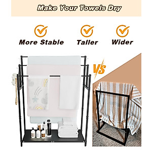 Mondazie 44” Tall Free Standing Towel Racks with 6 Hooks for Bathroom, 3 Tiers Oversized Pool Bath Towels Drying Stand, Metal Blanket Ladder Holder with Storage Shelf for Bedroom Living Room, Black