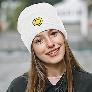 SONMONY Smile Face Beanie Hats for Women Mens Winter Knit Beanies Soft Cuffed Warm Smile Stretchy Beanies Hat… White