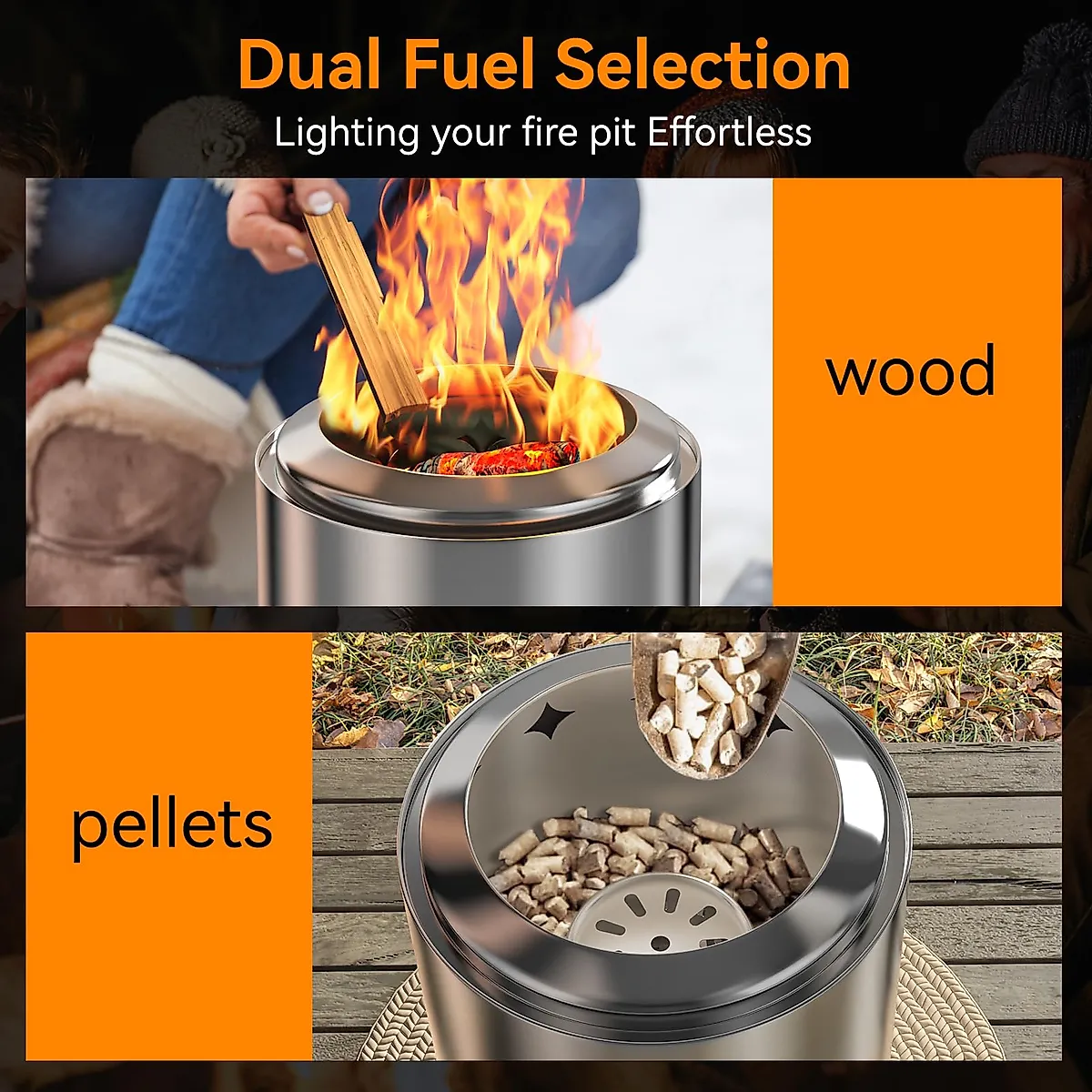 Tabletop Fire Pit, QVCQ Low Smoke Burning Mini Firepit for Outdoor, Camping, Wood Pellets Smores Fire Stove, Stainless Steel with Stands & Removable Ash Pan