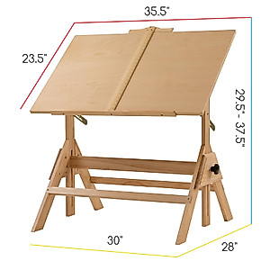 MEEDEN Solid Wood Drafting Table, Artist Drawing Desk, Writing Desk Studio Desk, Art Craft Table with Adjustable Height and Tiltable Tabletop for Artwork, Graphic Design, Reading