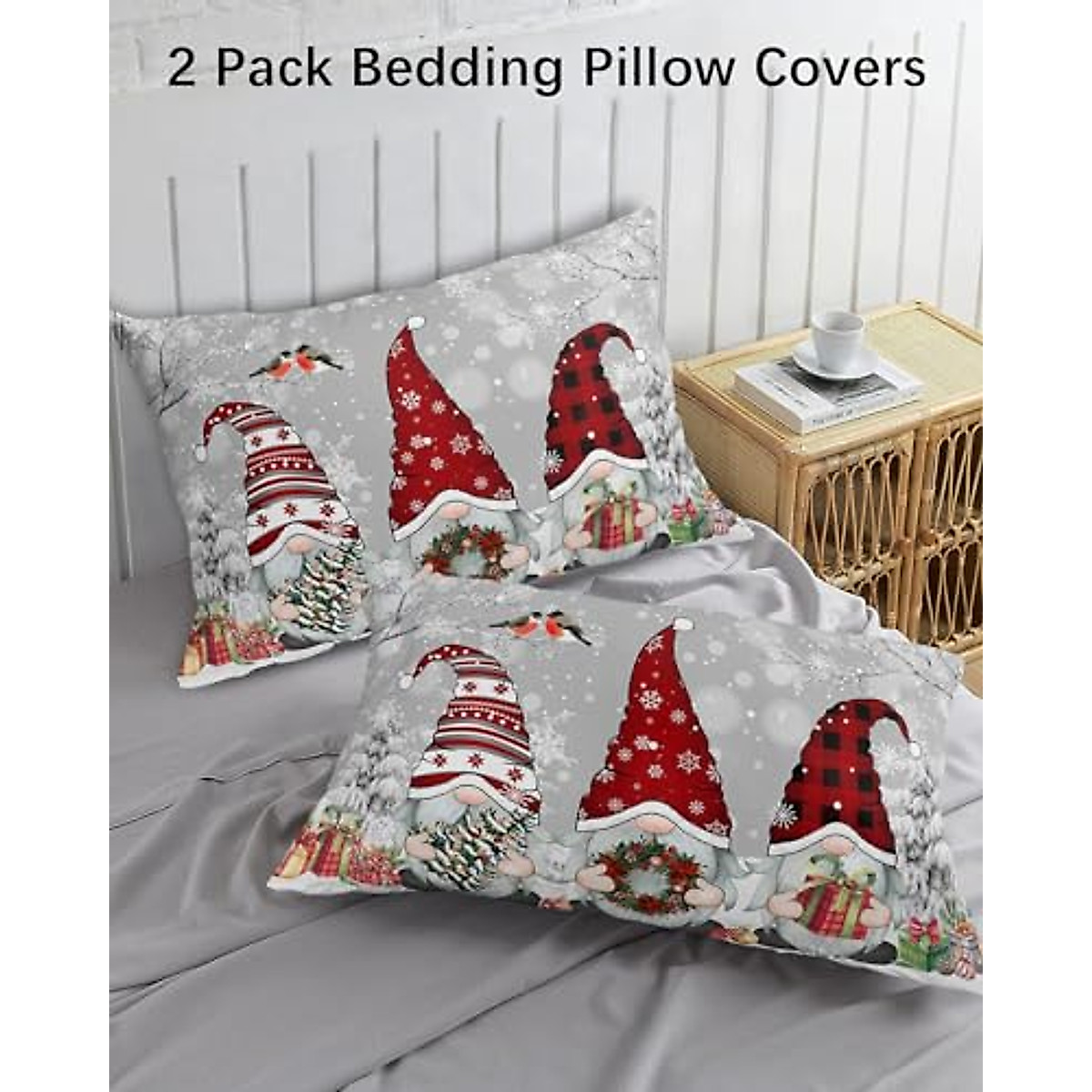 Edwiinsa Christmas Pillow Covers Standard Size Set of 2 20x26 Bed Pillow, Plush Soft Comfort for Hair/Skin Cooling Pillowcases with Envelop Closure Throw Covers Grey Gnomes Fantasy Snowy Tree Branch