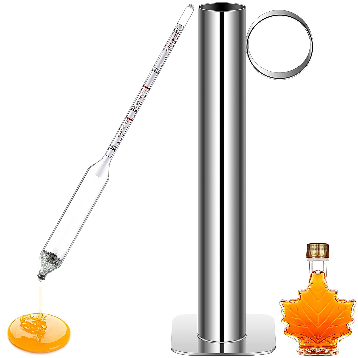 Syrup Hydrometer and Metal Test Cup Maple Syrup Tapping Kit Glass Maple Syrup Hydrometer Stainless Steel Maple Hydrometer Test Cup for Testing Maple Syrup Sugar Candy Making