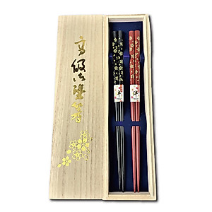 Premium Japanese Chopsticks Reusable 2prs Set [ Made in Japan ] Traditional Lacquer Art Wooden Chopsticks A (Golden Floret BK/RD(2KR006))