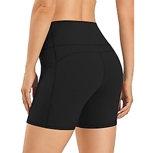 AFITNE Yoga Shorts for Women with Pockets High Waisted Printed Workout Athletic Running Shorts Biker Spandex Gym Fitness Leggings Black - M