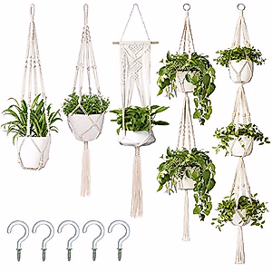 AerWo 5 Pack Macrame Plant Hanger Outdoor Indoor Hanging Planters + 5 Hooks, Hanging Plant Holder Basket Decorative Macromay Plant Hanger for Boho Home Decor (Different Tiers, 5 Sizes)
