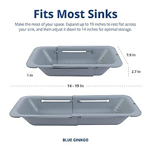 BLUE GINKGO Over the Sink Colander Strainer Basket - Wash Vegetables and Fruits, Drain Cooked Pasta and Dry Dishes - Extendable - New Home Kitchen Essentials (7.9 W x 14.5-19.5 L x 2.75 H) - Gray