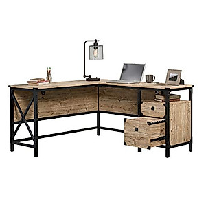 Sauder Steel River L-Shaped Desk, L: 59.84" x W: 57.32" x H: 29.53", Milled Mesquite Finish