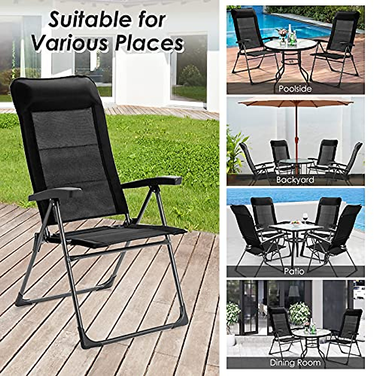 Goplus Folding Patio Sling Chairs, Portable Dining Chair with Headrest, 7 Level Adjustable Backrest, Outdoor Sling Back Chairs for Camping Backyard Garden, Set of 2