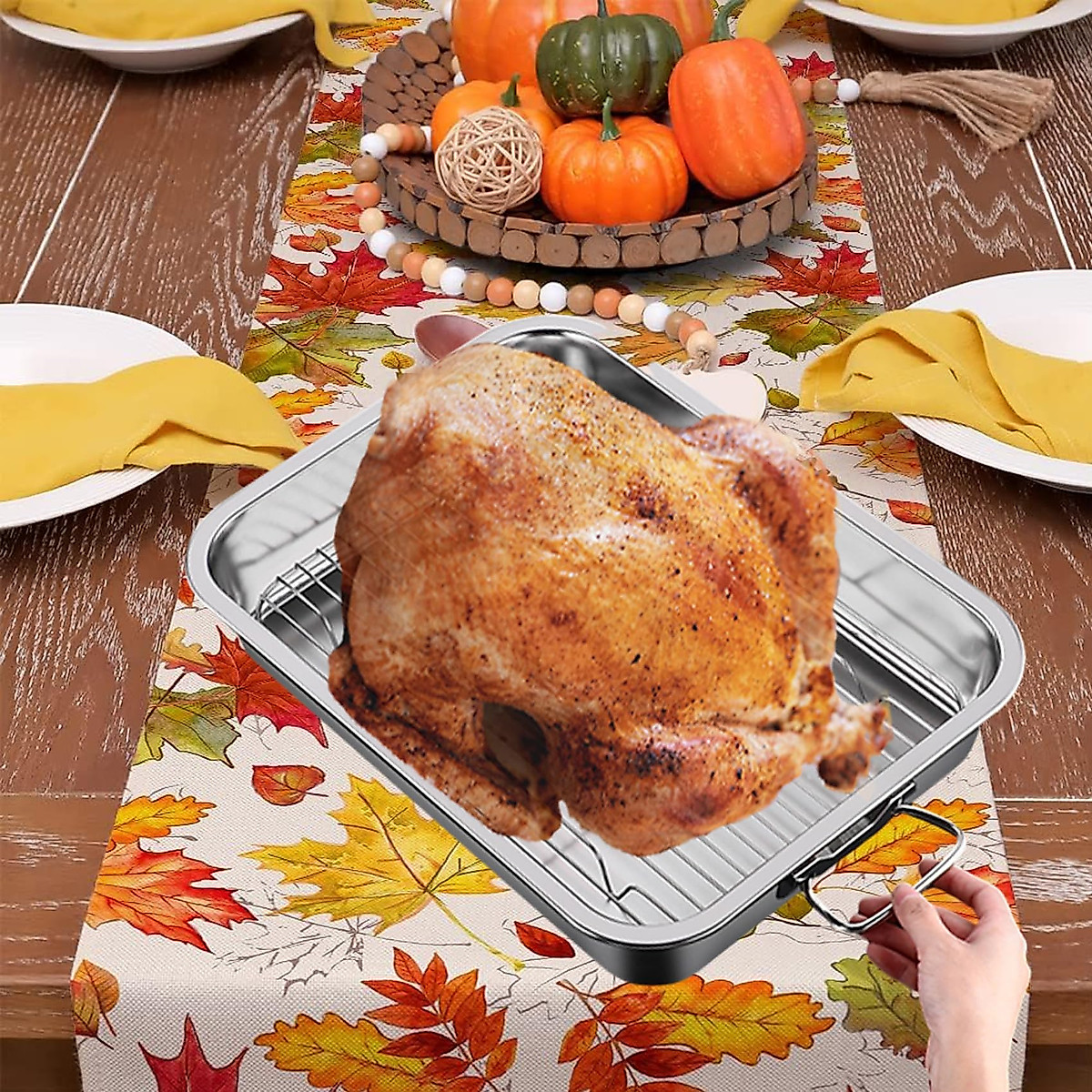 16x12x3 Inch Stainless Steel Roasting Pan with Rack, Turkey Baking Roaster Pan, For Roasting Meat,Chicken,Turkey, Lasagna