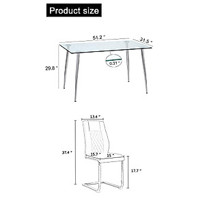 Ginxesh 63‘’ Glass Dining Table Set for 4-6,7 Dining Table Set,Rectangular Tempered Glass Top Kitchen Table and 6 Faux Leather High Back Upholstered Dining Chairs (White, 6 Chairs)