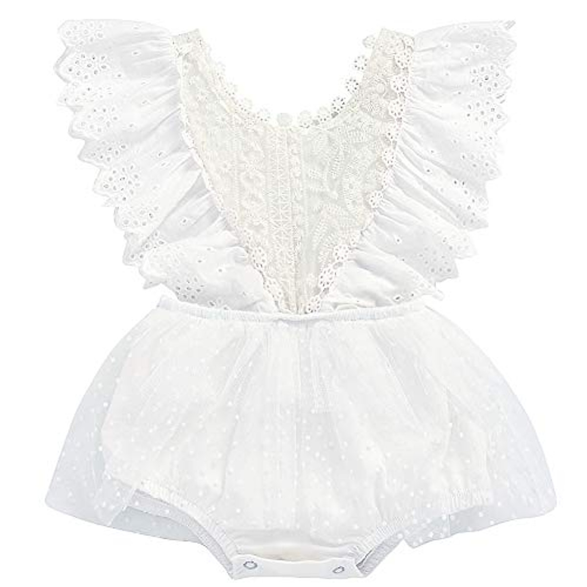 BGFKS Lace Ruffle Sleeve Romper Tutu for Baby Girl,Newborn Toddler Girls Bodysuit Tutu Dress with Flower Headband (White, 6-12 Months)