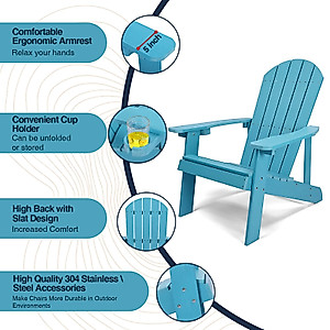 hOmeQomi Adirondack Chairs Set of 2, All Weather Resistant Plastic Chairs with Cup Holder, 5 Easy Steps to Install, Outdoor Chairs for Patio, Garden, Backyard Deck, Lawn, Fire Pit - Lake Blue