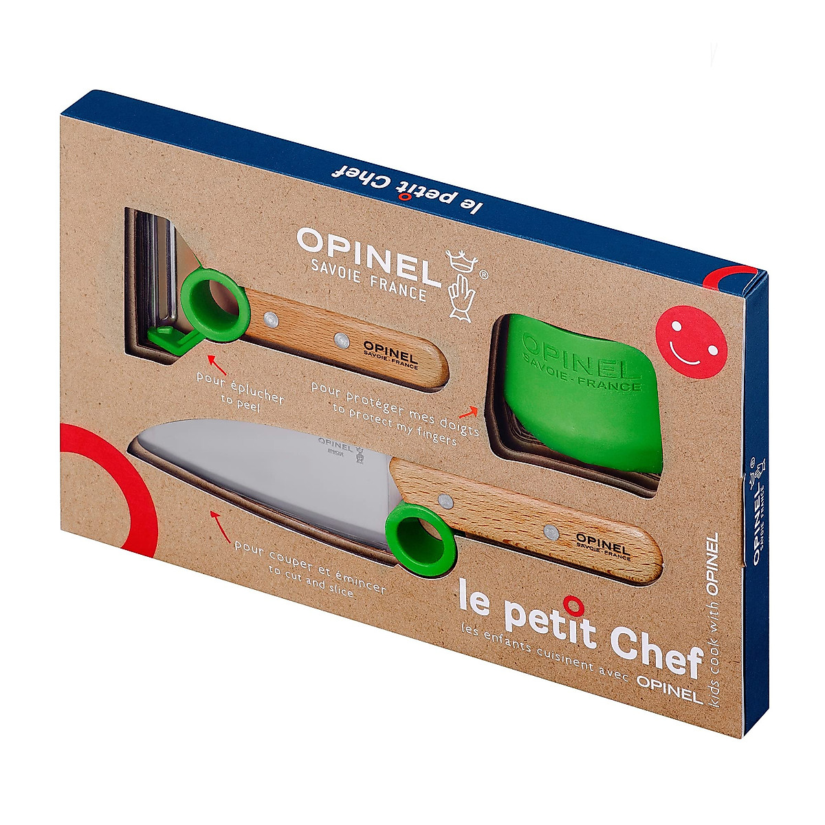 OPINEL Le Petit Chef Complete 3 Piece Kitchen Set, Chef Knife with Rounded Tip, Fingers Guard, Peeler, For Children and Teaching Food Prep and Kitchen Safety, Made in France (GREEN)
