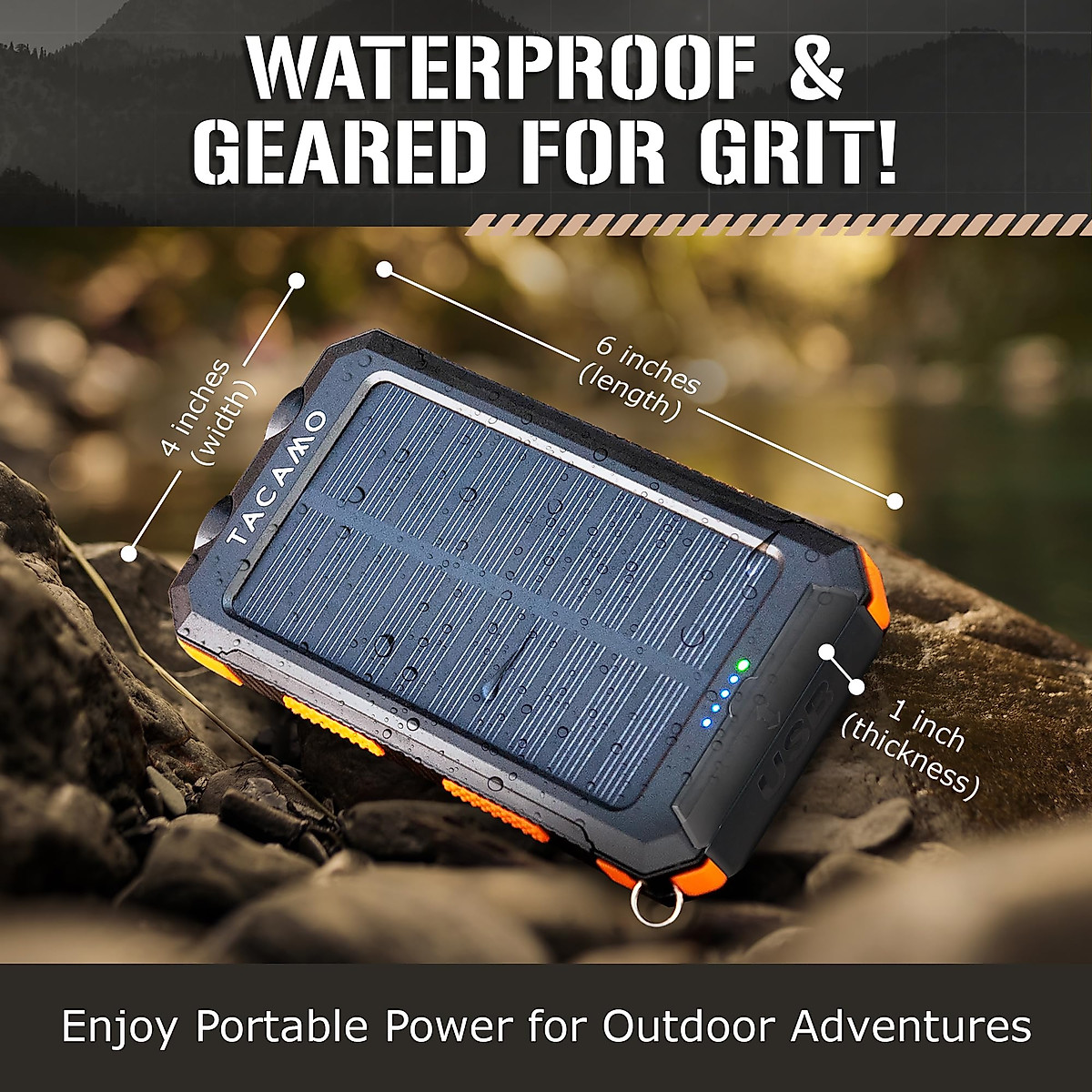 TACAMO® Solar Power Bank Portable Charger - IP67 Waterproof and Dustproof - TSA Compliant - for Backpacking and Camping - Dual USB Port, Fast Charging Battery Pack with 3-Mode Emergency Flashlight