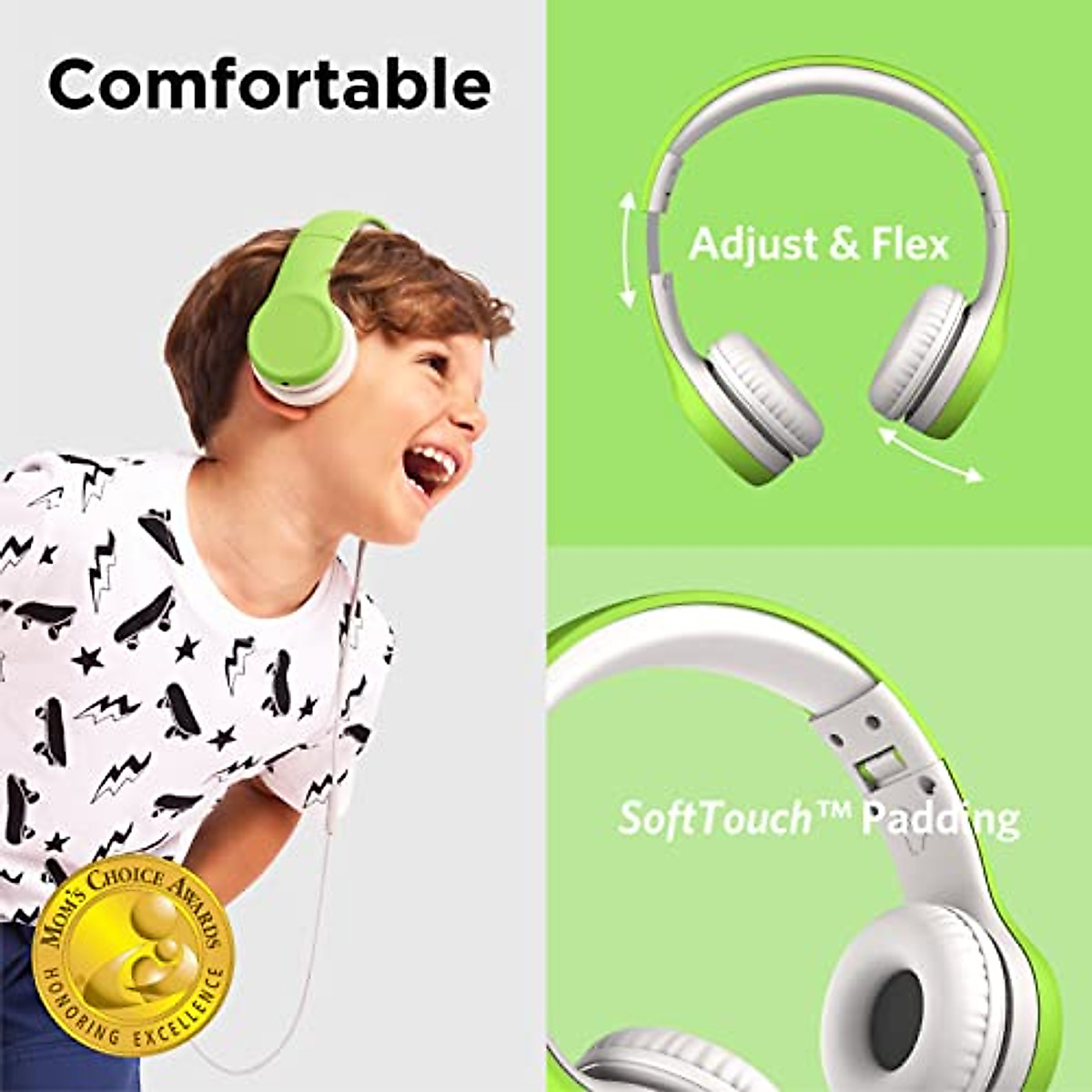 LilGadgets Connect+ Kids Headphones Wired with Microphone, Volume Limiting for Safe Listening, Adjustable Headband, Cushioned Earpads for Comfort, School Headphones for Kids, Green