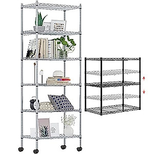 Devo 6-Tier Wire Shelving Unit, Adjustable Metal Shelving for Storage, Heavy Duty Wire Storage Racks with Side Hooks, Pantry Shelves for Garage, Kitchen, Living Room, Bathroom (Upgrade Silver)