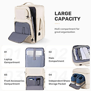 Travel Backpack, Large Backpack for Women, Carry On Backpack Flight Approved, 40-50L Expandable Lightweight Waterproof College Bag Business Casual Daypack Fits 17 Inch Laptop, Gifts for Women, Beige