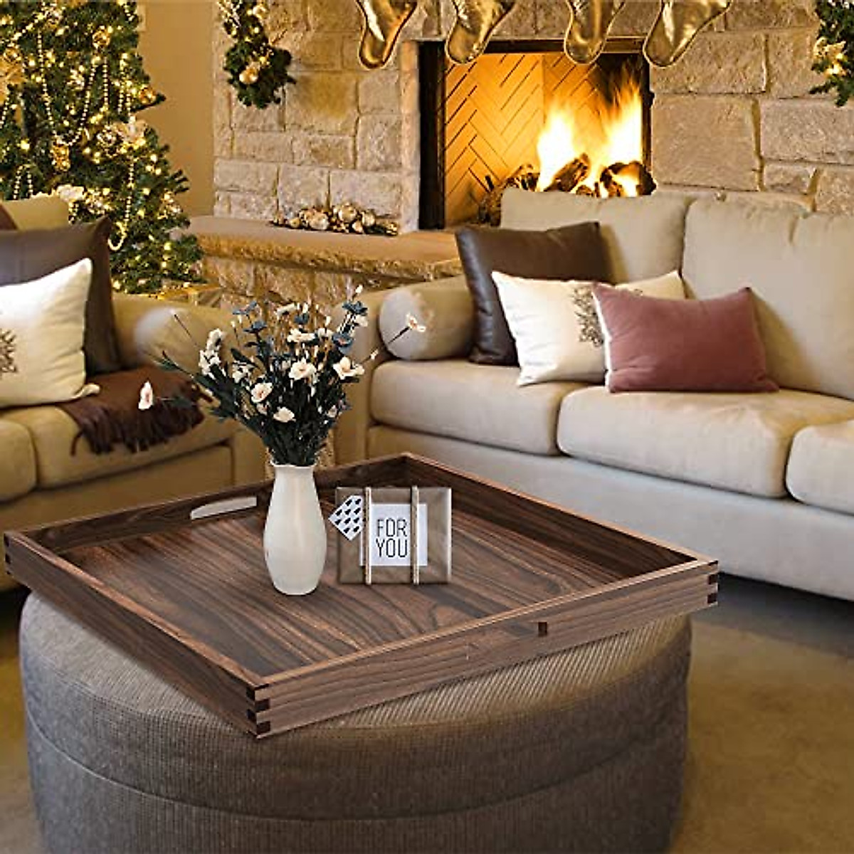 EXISTING 21x21 Inch Tray for Ottoman, Serving Tray with Handles, Square Walnut Platter Decorative Wooden Tray for Breakfast in Bed, Lunch, Dinner, Living Room, Tea, Coffee Table, Party