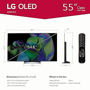 LG C3 Series 55-Inch Class OLED evo 4K Processor Smart Flat Screen TV for Gaming with Magic Remote AI-Powered OLED55C3PUA, 120Hz Refresh rate, 2023 with Alexa Built-in