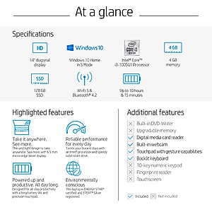 HP 14-inch Laptop, Intel Core i3-1005G1, 4 GB RAM, 128 GB SSD Storage, Windows 10 Home in S Mode (14-dq1020nr, Natural Silver)
