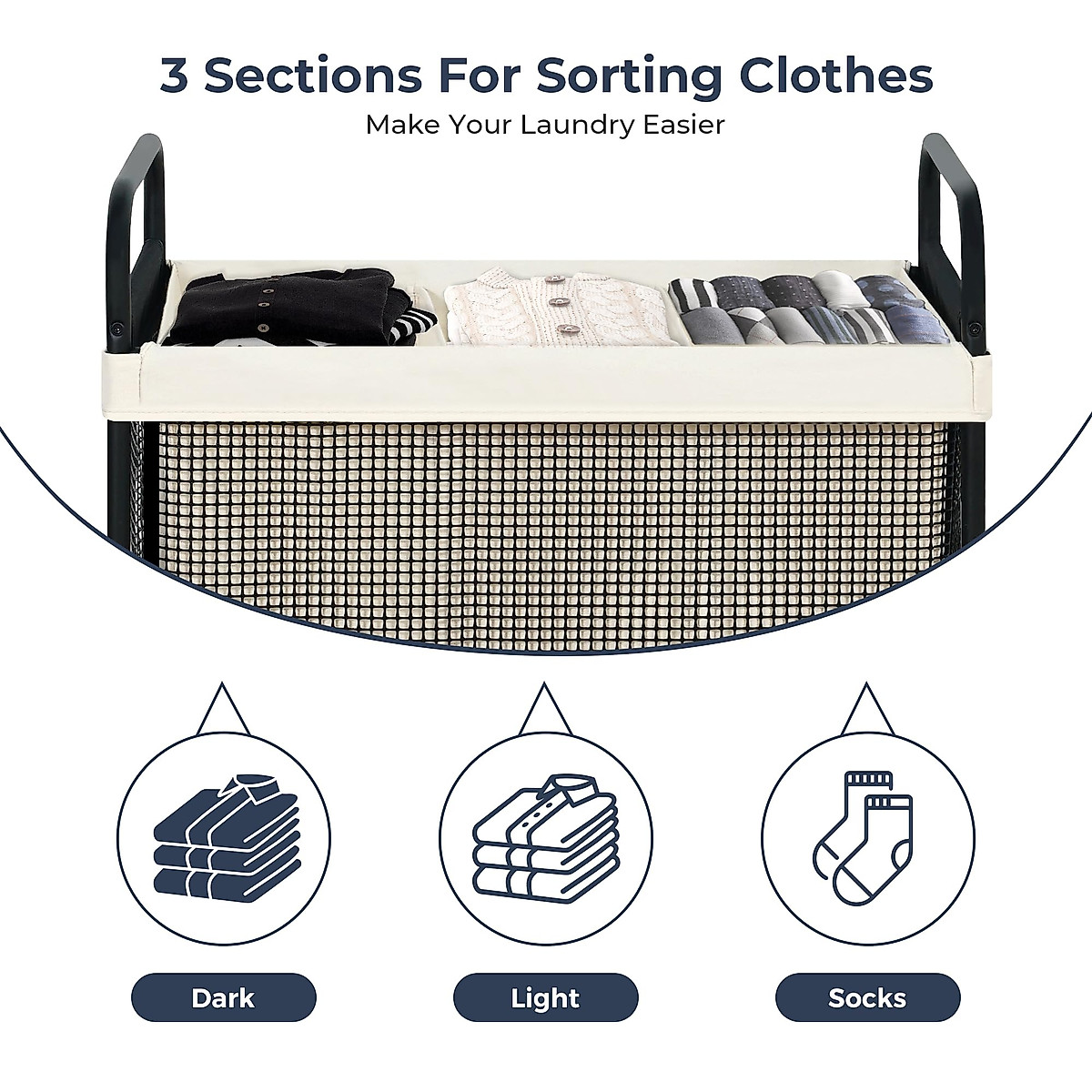 STO STO Laundry Hamper 3 Section, 120L Rolling Laundry Sorter Cart with Removable and Washable Liner Bag, Rolling Clothes Hamper with Metal Handle for Laundry Room and Bedroom