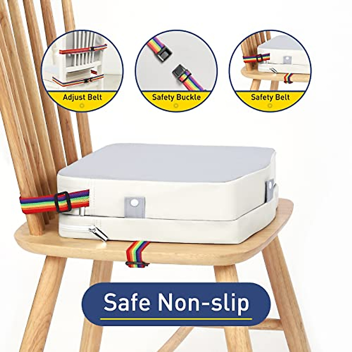 Toddler Booster Seat for Dining Table, Portable 3 Height Adjustable Cushion with Backrest, Non-Slip , Waterproof ,Dismountable& Washable Chair Cushion with Buckle Strap, (Grey)