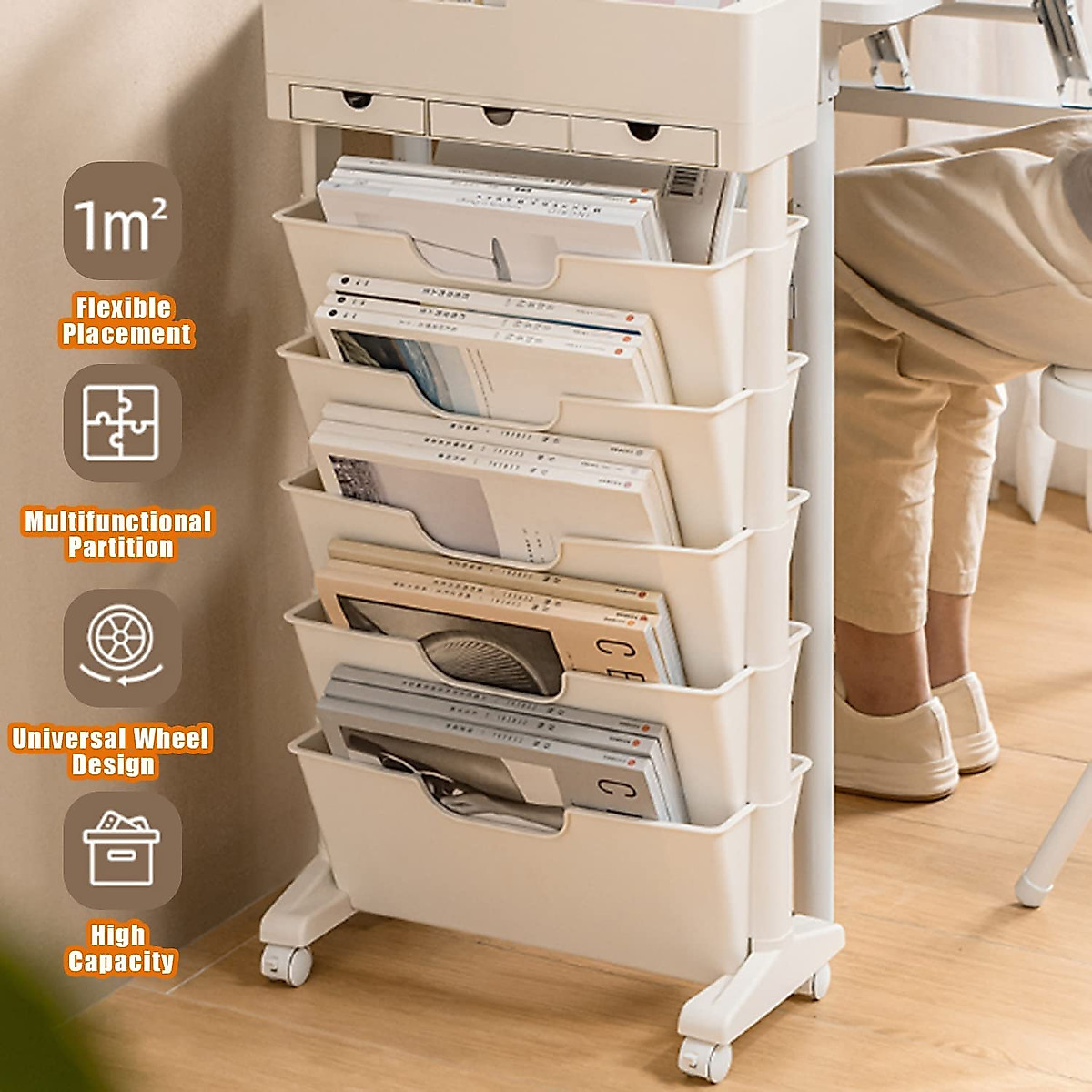 EMENAR 6 Tier Storage Bookshelf, Kids Movable Book Rack Unique Bookcase, Large Capacity Organizer Bookshelves Book Shelf Tall Narrow for Children Students in Bedroom Living Room