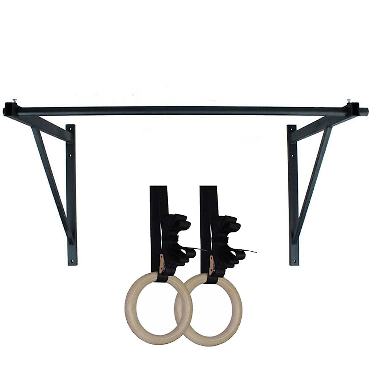 Titan HD Wall Mounted Pull Up Chin Up Bar with 8 in. Wood Olympic Gymnastic Rings - 1.5 in. W Heavy Duty Thick Straps &