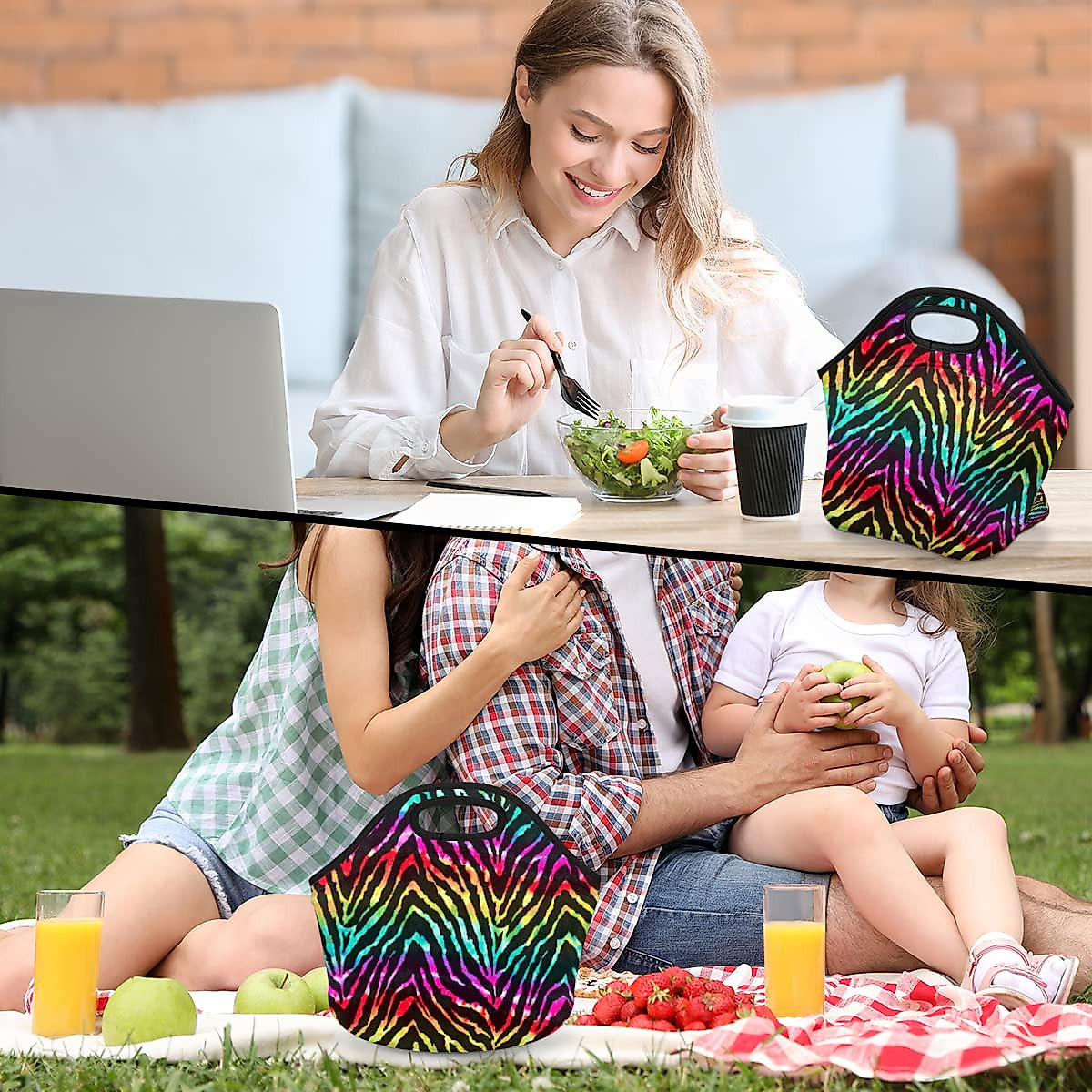 Insulated Neoprene Lunch Bag for Women Men Kids Rainbow Zebra Print Colorful Lunch Box Reusable Small Lunch Tote Bag Cooler Bag for School Work Picnic