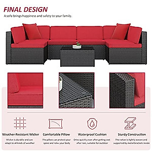 Greesum Patio Furniture Sets 7 Piece Outdoor Wicker Rattan Sectional Sofa with Cushions, Pillows & Glass Table, Red