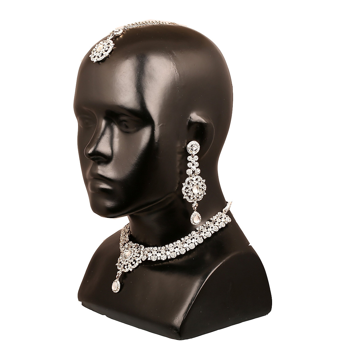 Touchstone Indian Bollywood enchanting floral diamond studded look white Rhinestone embellished bridal designer jewelry necklace set for women in white tone