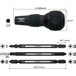 VESSEL Interchangeable Ball Grip Screwdriver Set with 1/4” Hex. Bit | Includes 3 Bits: +1, 3/+2, -6/PZ2, PZ3