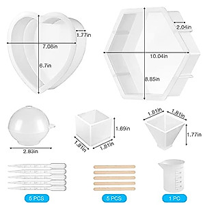 Resin Molds Silicone Kit, 8 in 1 Silicone Molds for Epoxy Resin, Large Resin Molds for Flowers Preservation, Ideal Resin Starter Kit Including Hexagon, Heart, Sphere, Pyramid, Cube and Set Tools